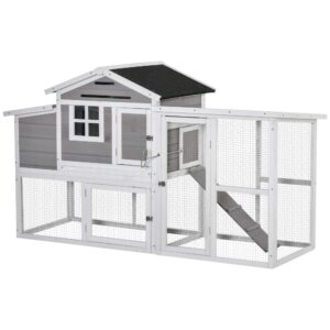 pawhut 76" wooden chicken coop, outdoor chicken house poultry hen cage with outdoor run, nesting box, removable tray and lockable doors, grey