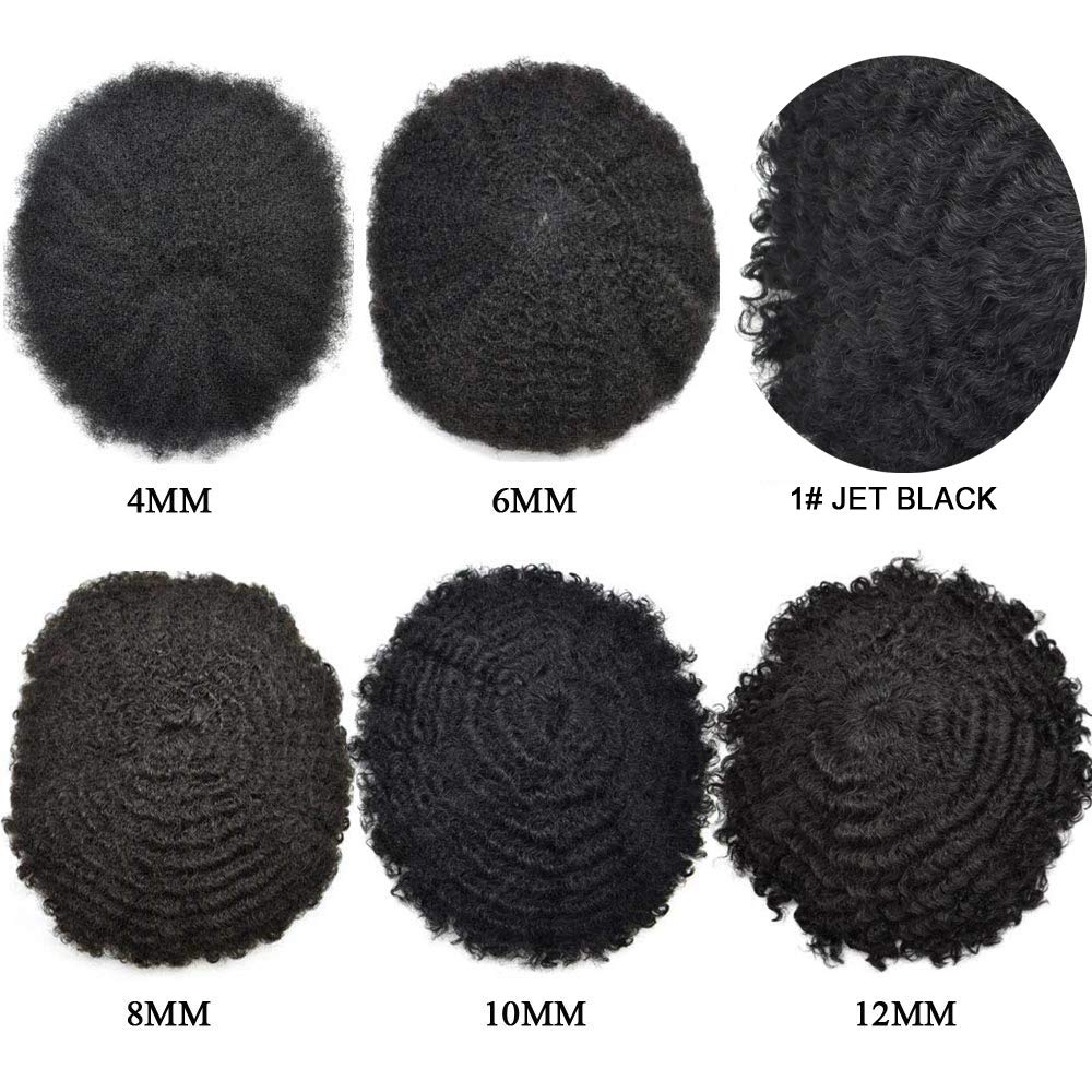 Curve Hair Afro Curl Mens Toupee Full Poly Skin Skin PU Injection Human Hair Replacement Systems African American THIN SKIN Man Weave Hair Unit 8X10inch (8"X10", 1Jet Black-10mm Wave Curl)