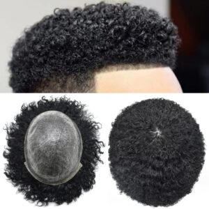 hair units for black men afro toupee for black men kinky curly human hair piece replacement african american afro wavy men toupee hairpiece thin skin men hair system(8"x10", #1jet black-8mm wave curl)