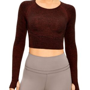 VANTONIA Women's Seamless Long Sleeve Crop Top Cute Workout Yoga Top Breathable Sports Running Gym Shirts with Thumb Holes Brown Marl Small