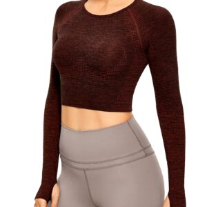 VANTONIA Women's Seamless Long Sleeve Crop Top Cute Workout Yoga Top Breathable Sports Running Gym Shirts with Thumb Holes Brown Marl Small