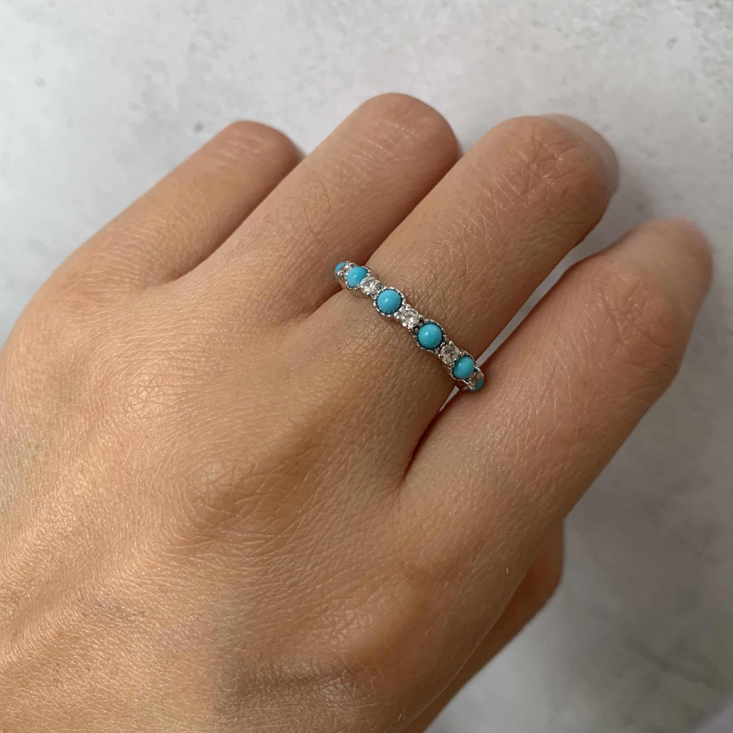 LUVJOO Turquoise Ring Sterling Silver CZ Half Eternity Wedding Band Stackable Blue Gemstone December Birthstone Rings Size 7, Blue,White,Silver