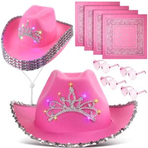 zhanmai 12 pcs lighted cowgirl hat with heart glasses and bandana, cowboy hat with tiara crown for girls (pink, glitter style)