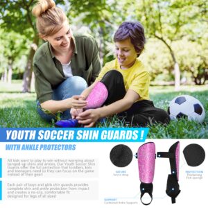 Shin Guards Soccer Youth Kids with Ankle Support Boys Girls Toddler Shin Pads Sleeves EVA Cushion Protection Reduce Shocks Injurie Calf Protective Gear for 4 5 6 7 8 9 10 11 12 Years Old (S, Pink)