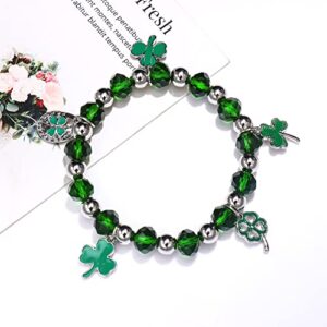 PHALIN St.Patrick’s Day Bracelets Lucky Leaf Shamrock Charm Bracelet for Women Girls Green Beaded Stretch Bracelet Festive Costume Party Accessory Gifts, crystal