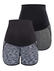 maternity athletic shorts set 2pcs quick-drying 2 in 1 workout stretchy soft shorts set 2pcs dark gray+navy s