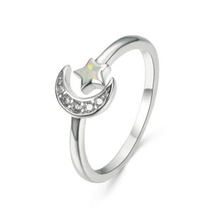 opal star moon open adjustable ring for women girls 925 sterling silver crystal cubic zirconia crescent moon lucky stars stacking statement thin tail finger band eternity love promise expandable