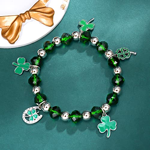 PHALIN St.Patrick’s Day Bracelets Lucky Leaf Shamrock Charm Bracelet for Women Girls Green Beaded Stretch Bracelet Festive Costume Party Accessory Gifts, crystal