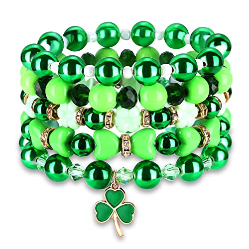 BSJELL 5 Pack Beaded Bracelet Stackable Christmas Thanksgiving St. Patrick’s Day Valentine's Day Beaded Stretch Bracelet Holiday Charm Bracelets Festive Jewelry Gifts for Women (Green)