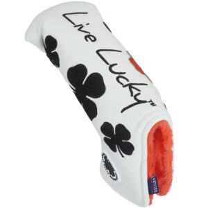 cmc design custom white and red live lucky embroidered golf blade head cover - glove soft lining - design includes applique and embossing - great fit for any club as golf head covers, putter cover