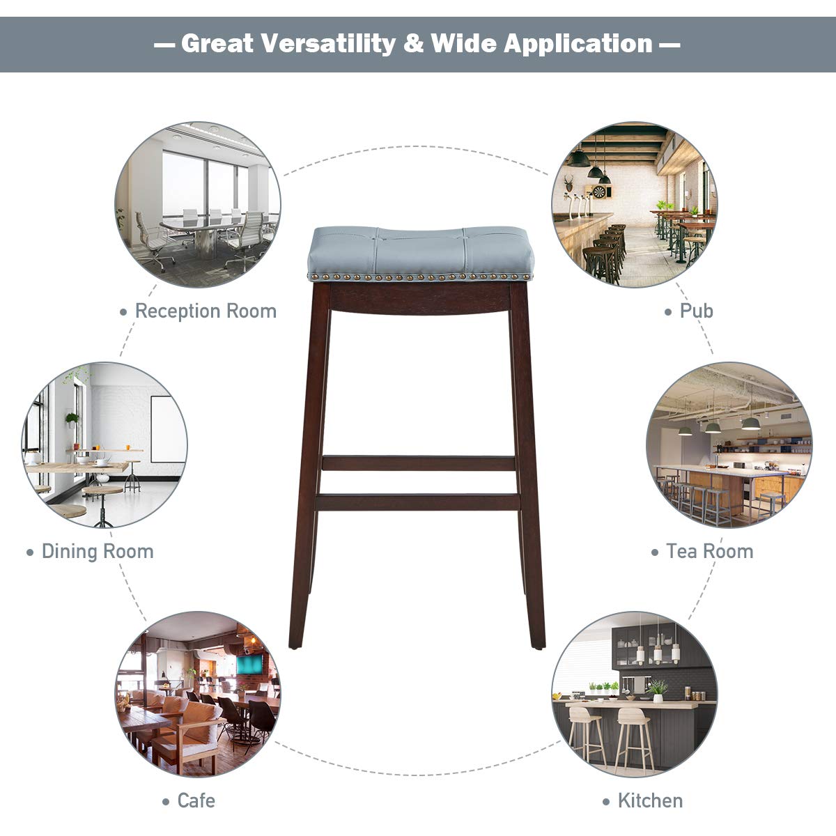 COSTWAY Bar Stools Set of 4, 29-Inch Height Backless Counter Stool with Footrest, Soft Seat Cushion, Wood Legs and Non-Slip Foot Pad, Saddle Stools for Home Kitchen Living Room, Stone Gray+Dark Brown