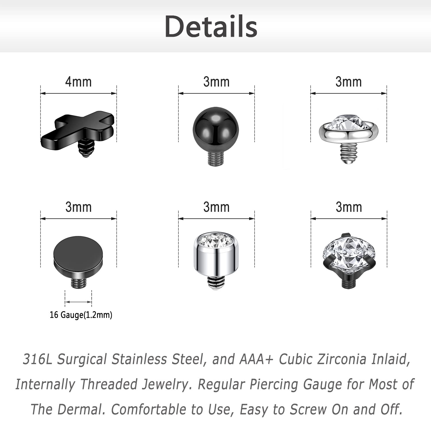 ZS 16G Dermal Surgical Steel Diamond Tops for Men Women Surface Tops Black Gold Microdermal Piercing Jewelry (B:20pcs Tops)