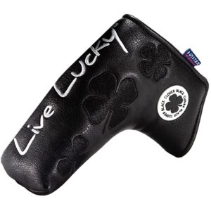 cmc design custom black and blue live lucky embroidered golf blade head cover - glove soft lining - design includes applique and embossing - great fit for any club as golf head covers, putter cover