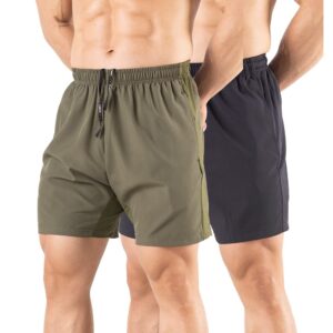 gaglg men's 5" running shorts 2 pack quick dry athletic workout gym shorts with zipper pockets black/green,medium