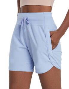 baleaf women's 5" workout shorts athletic running shorts high waisted with zipper pocket gym quick dry hiking sports light blue l