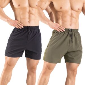 Gaglg Men's 5" Running Shorts 2 Pack Quick Dry Athletic Workout Gym Shorts with Zipper Pockets Black/Green,Medium