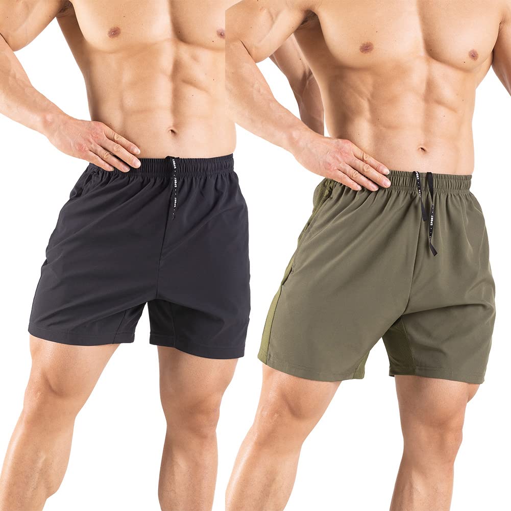 Gaglg Men's 5" Running Shorts 2 Pack Quick Dry Athletic Workout Gym Shorts with Zipper Pockets Black/Green,Medium