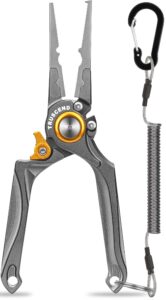 truscend lockable handy fishing pliers with innovative ergonomical handle, corrosion saltwater resistant teflon coated fishing tool, multi-function fishing gear with mo-v cutter, amazing fishing gifts