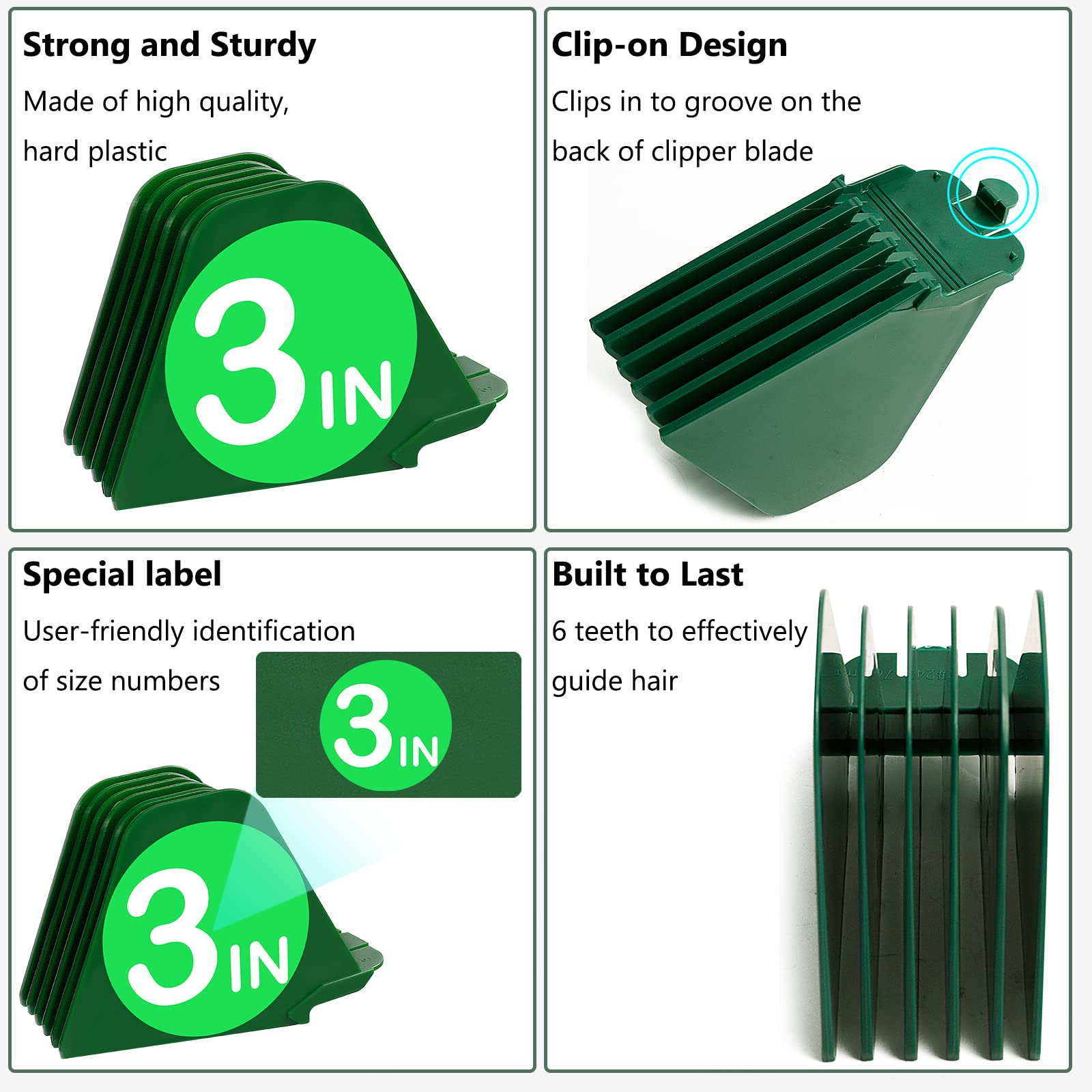 3 Inch Hair Clipper Combs Guides, Hair Clipper Guards 1 & 1/4" 1 & 1/2" 2", Mega NO.16 NO.12 NO.10 fits for most Wahl Clippers (8pcs Mega Set, Green)