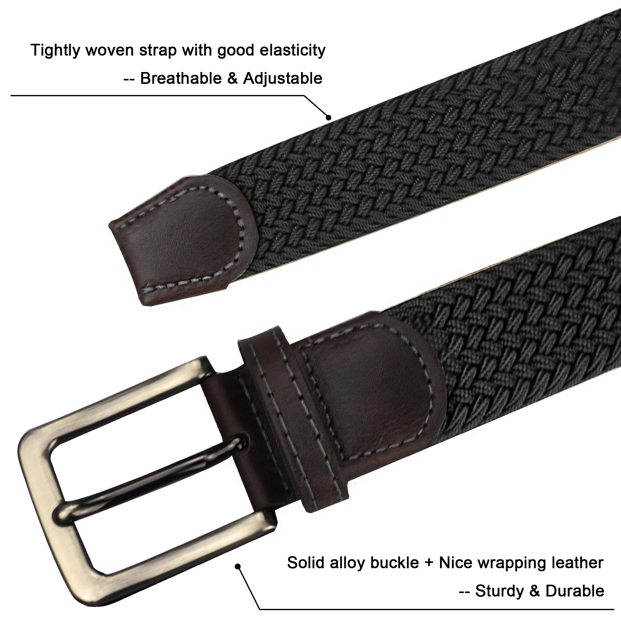 macoking Mens Stretch Belt Woven Elastic Braided Belts for Men Women Black 47"