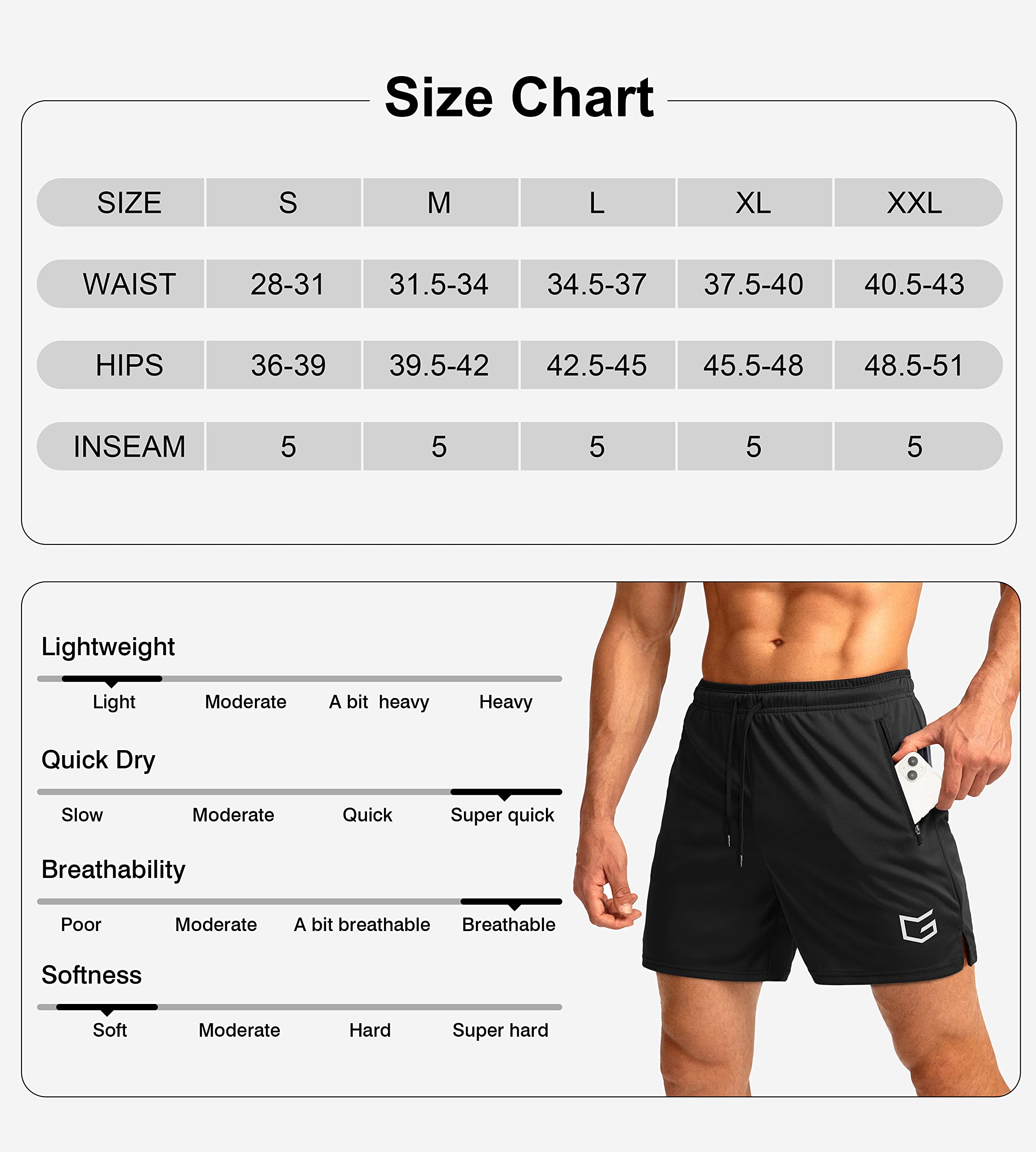 G Gradual Men's Running Shorts with Zipper Pockets Quick Dry Gym Athletic Workout 5" Shorts for Men (Black, Large)