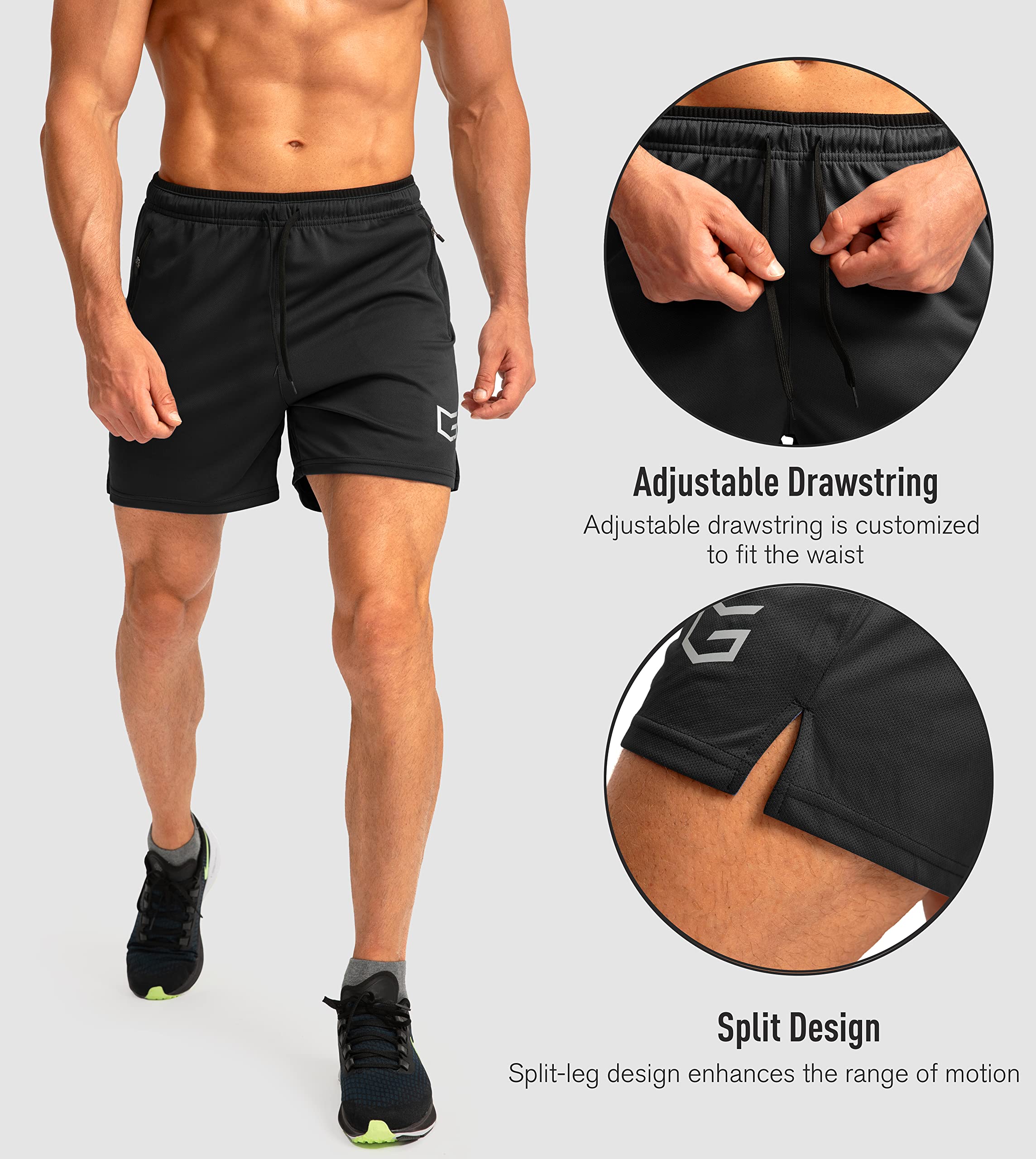 G Gradual Men's Running Shorts with Zipper Pockets Quick Dry Gym Athletic Workout 5" Shorts for Men (Black, Large)