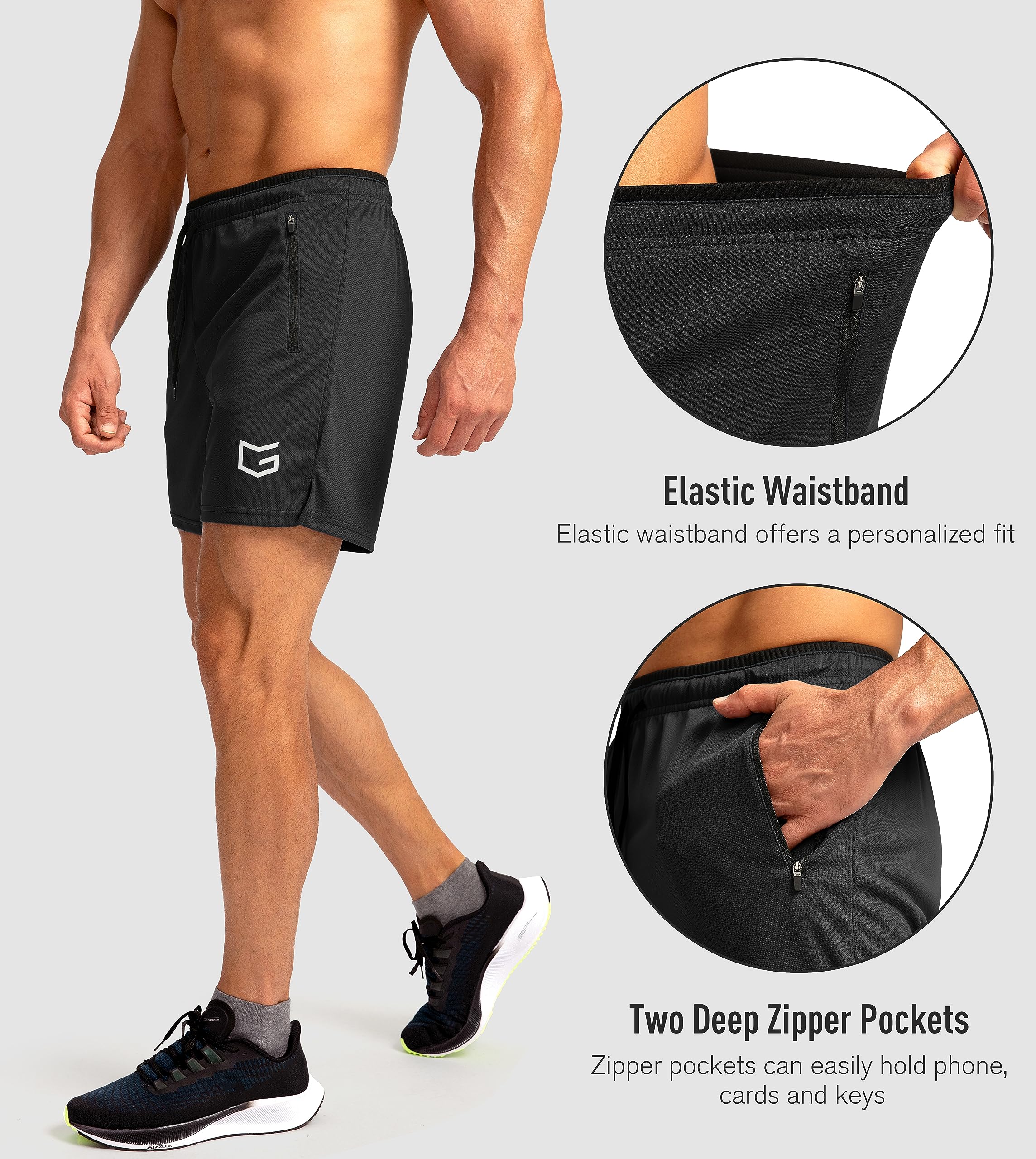 G Gradual Men's Running Shorts with Zipper Pockets Quick Dry Gym Athletic Workout 5" Shorts for Men (Black, Large)