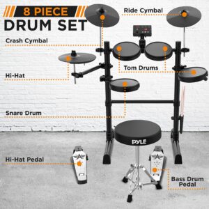 Pyle 8-Piece Electric Drum Set with MIDI Support, Preloaded Sounds, Cymbals, and Digital Foot Pedals