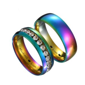 lifashion custom name couple rings for him her,2pcs stainless steel customized wedding band rainbow colorful cz promise ring set personalized his her jewelry for valentine's day gift