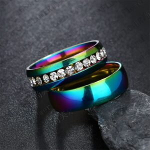 LiFashion Custom Name Couple Rings for him her,2Pcs Stainless Steel Customized Wedding Band Rainbow Colorful CZ Promise Ring Set Personalized His Her Jewelry for Valentine's day Gift