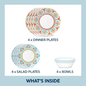 Corelle Global Collection Vitrelle 12-Piece Dinnerware Set, Triple Layer Recycled Glass, Lightweight Eco-Friendly Round Plates and Bowls Set, Terracotta Dreams