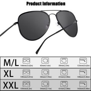 MAXJULI Polarized Aviator Sunglasses for Big Heads Men Women (Matte Black Frame/Grey Lens)