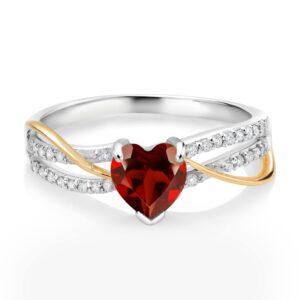 Gem Stone King 1.15 Ct Heart Shape Red Garnet G-H Lab Grown Diamond 925 Silver and 10K Yellow Gold Ring (Size 6)