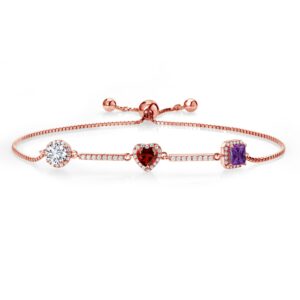 gem stone king keren hanan round heart princess cut g-h lab grown diamond red garnet created moissanite 18k rose gold plated silver tennis bracelet for women (2.11 cttw, fully adjustable up to 9 inch)