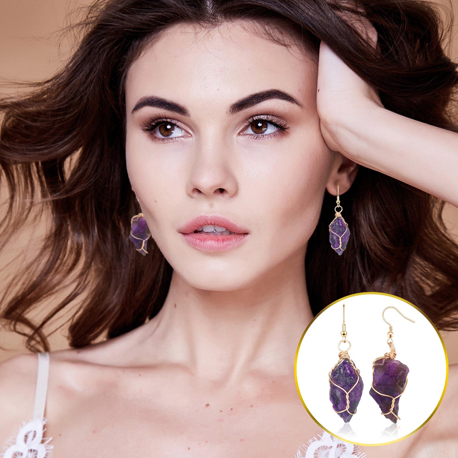 8 Pairs Handmade Crystal Drop Earrings for Women Natural Raw Amethyst Dangling Earrings Healing Crystals Earrings Sets(Novel Style)