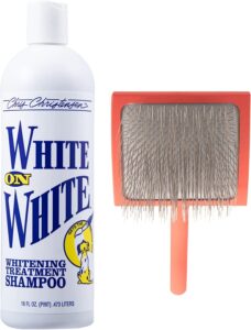 chris christensen shampoo & slicker brush bundle, white on white shampoo 16 oz, color treatment + big g slicker brush large, perfect for doodles, groom like a professional, made in usa