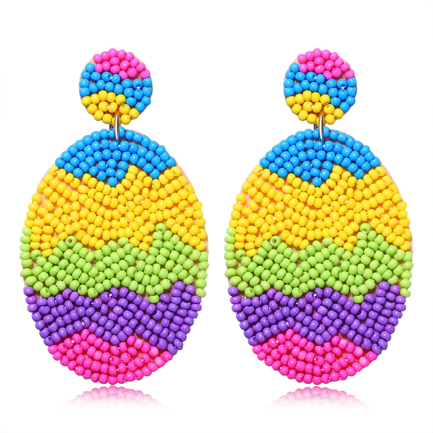 Easter Beaded Earrings for Women Boho Hypoallergenic Handmade Bunny Dangling Earrings Rainbow Egg Dangle Earrings Cute Pom Pom Pearl Beads Rabbit Easter Jewelry