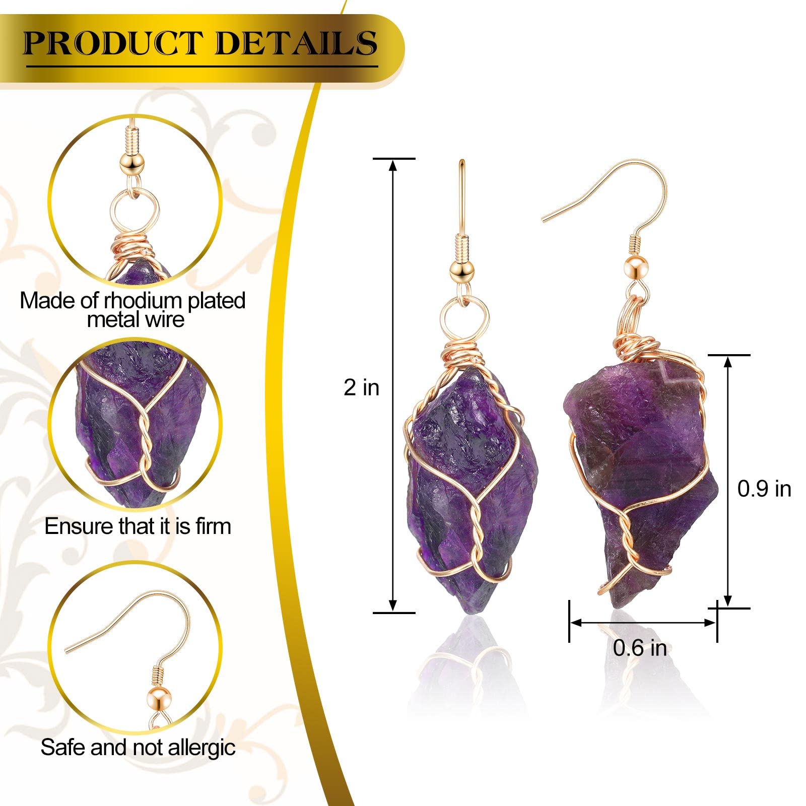 8 Pairs Handmade Crystal Drop Earrings for Women Natural Raw Amethyst Dangling Earrings Healing Crystals Earrings Sets(Novel Style)