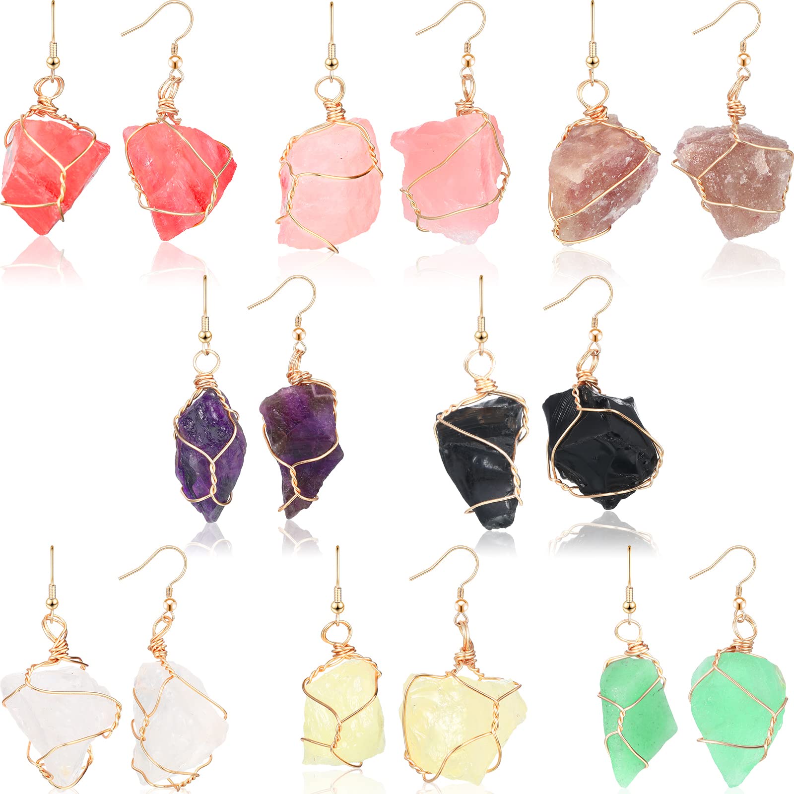 8 Pairs Handmade Crystal Drop Earrings for Women Natural Raw Amethyst Dangling Earrings Healing Crystals Earrings Sets(Novel Style)