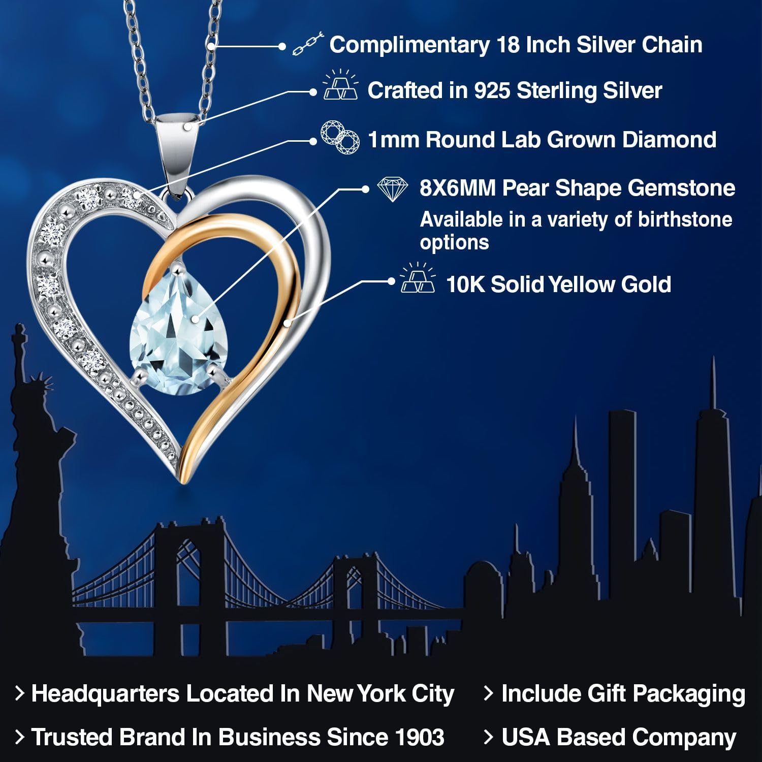 Gem Stone King 925 Sterling Silver and 10K Yellow Gold 8X6MM Pear Shaped Gemstone Birthstone & Lab Grown Diamond Heart Necklace | Love Pendant Necklace for Women By Keren Hanan