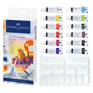 faber-castell watercolor paint set - 12 liquid watercolors paint tubes (9ml) and mixing palette - watercolor art supplies for beginners and hobby artists