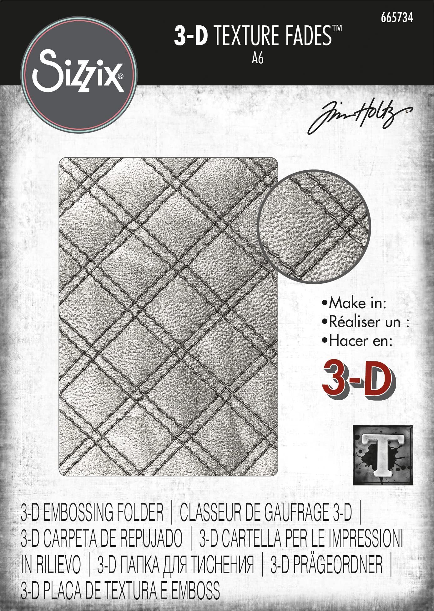 Sizzix 3-D Texture Fades Embossing Folder Quilted by Tim Holtz, 665734, Multicolor