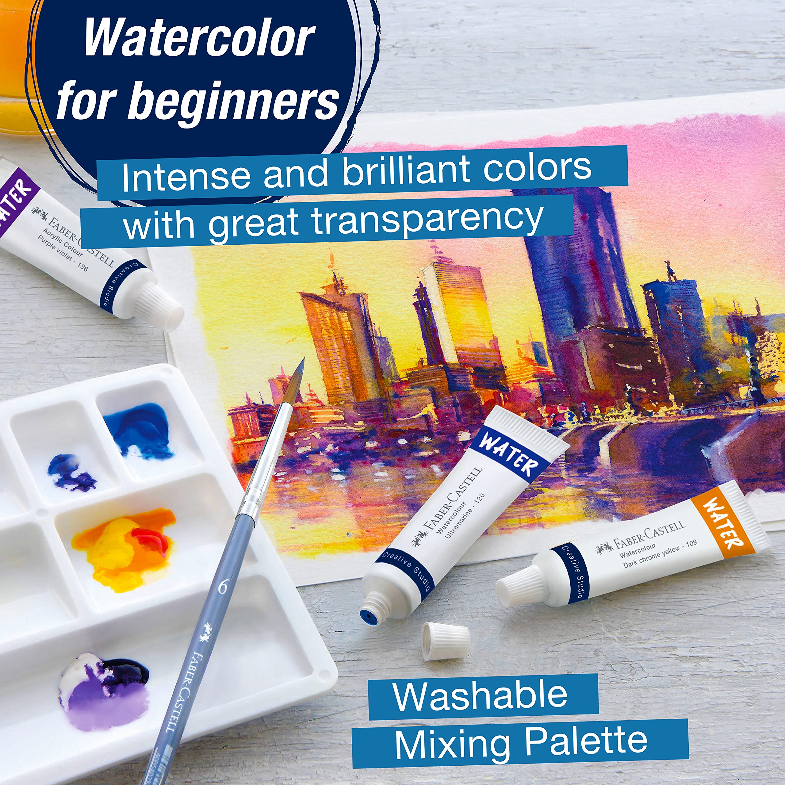 Faber-Castell Watercolor Paint Set - 12 Liquid Watercolors Paint Tubes (9ml) and Mixing Palette - Watercolor Art Supplies for Beginners and Hobby Artists