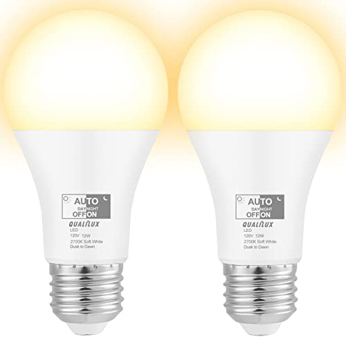 Qualilux Dusk to Dawn Light Bulbs 1000 Lumen, Soft White, LED 12W, Non-Dimmable, A19 E26, 2-Pack, HQ-H021