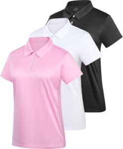 women's polo tee dry fit golf shirt moisture wicking short sleeve sport activewear golf polo tops collar with buttons workout black/white/pink s