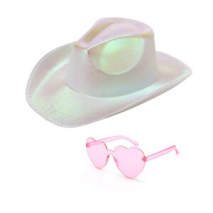 patyhapy white space cowgirl hat with heart glasses women metallic holographic cowboy hats neon rave sparkly glitter party costume(white)