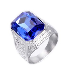 pamtier men women's stainless steel gem square personality rings jewelry anniversary silver plated dark blue gemstone size 10