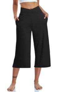 tarse womens casual wide leg yoga capris plus size crossover high waist capri pants loose soft pajama pockets sweatpants(black,xxl 2xl)