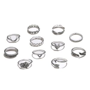 jumwrit bohemian knuckle rings set vintage finger rings set midi rings love heart ring index rings silver band ring stackable rings for women（11pcs）