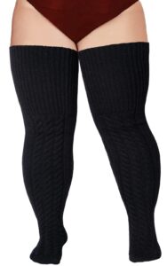 wool plus size thigh high socks for thick thighs- extra long womens warm cable knit over knee stockings leg warmers black